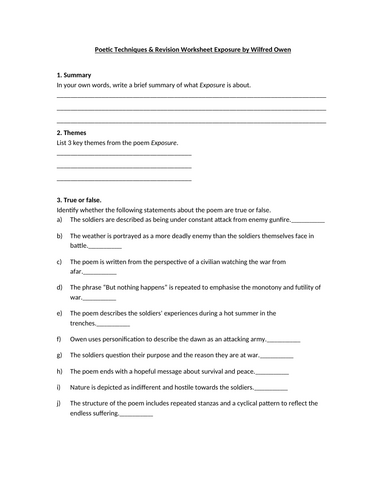 Exposure by Wilfred Owen Worksheet | Teaching Resources