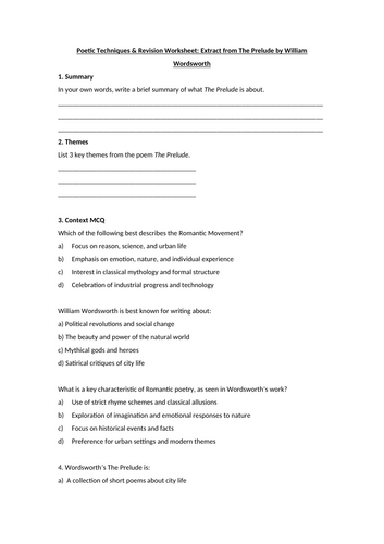 The Prelude by William Wordsworth Worksheet | Teaching Resources