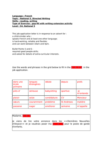 French, National 5, Directed Writing, Model Answer (1), gap-fill with answers / extension ...