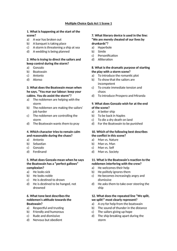 The Tempest - Act 1 Scene 1 Multiple Choice Quiz | Teaching Resources