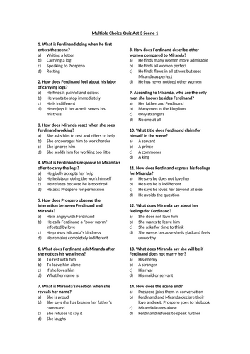 The Tempest - Act 3 Scene 1 Multiple Choice Quiz | Teaching Resources