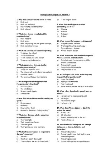The Tempest - Act 3 Scene 3 Multiple Choice Quiz | Teaching Resources