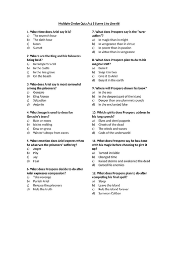 The Tempest - Act 5 Scene 1 to line 66 Multiple Choice Quiz | Teaching ...