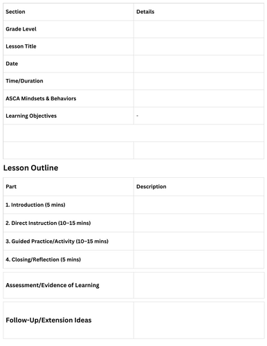 elementary school counselor lesson plan template | Teaching Resources