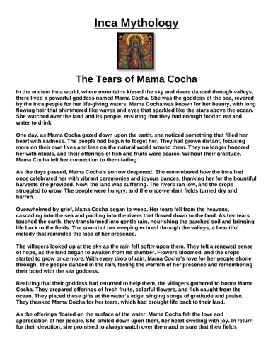 Inca Myth: The Tears of Mama Cocha “Article & Questions” Assignment ...