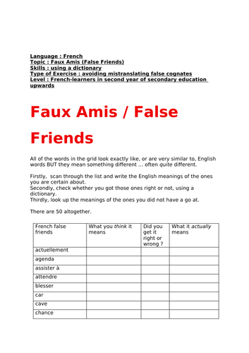 French, Faux Amis (False Friends), dictionary skills | Teaching Resources