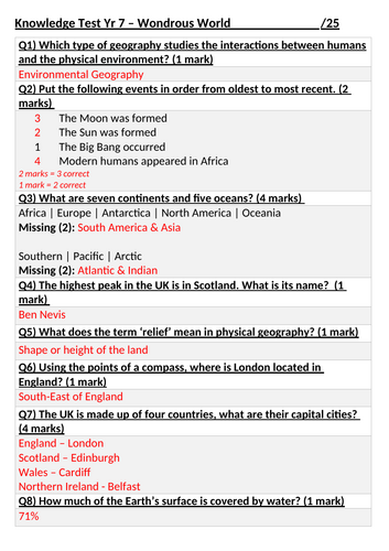 Yr 7 lessons from a full unit, lessons 8+9 A knowledge recall test ...