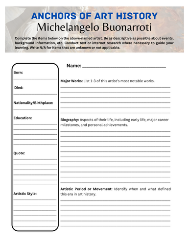 Anchors of Art History: Michelangelo Buonarroti Biography Worksheet ...