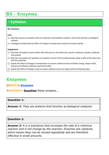 B5 Enzymes (IGCSE Cambridge - Double - Biology) | Teaching Resources