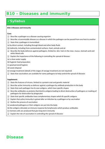 B10 Diseases and immunity (IGCSE Cambridge - Double - Biology) | Teaching Resources