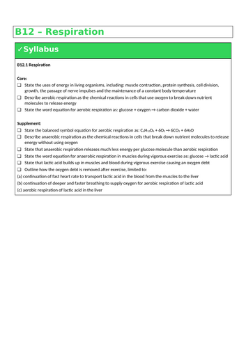 B12 Respiration (IGCSE Cambridge - Double - Biology) | Teaching Resources