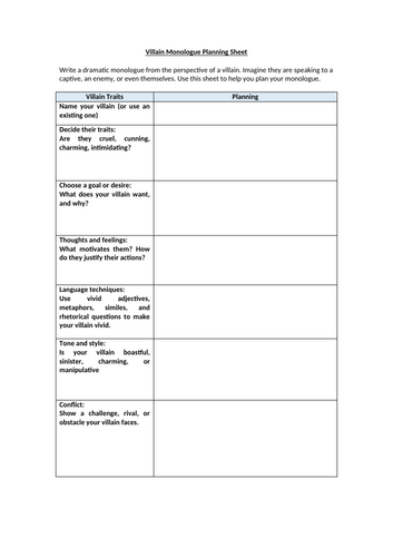 Creative Writing - Villain Monologue Planning Sheet | Teaching Resources