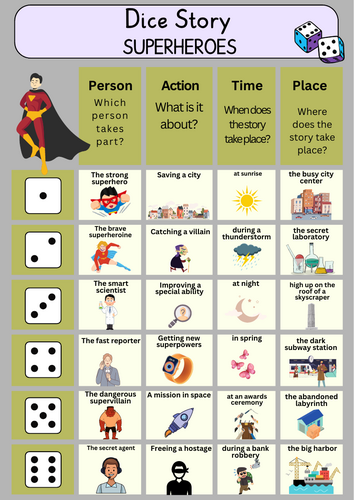 Dice Story - Superheroes + Template and word memory | Teaching Resources