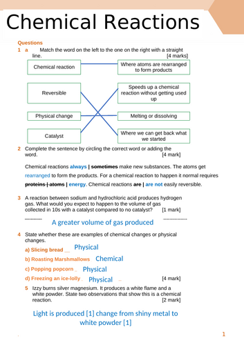 KS3 Year 7 Chemistry - Reactions - Chemical Reactions | Teaching Resources