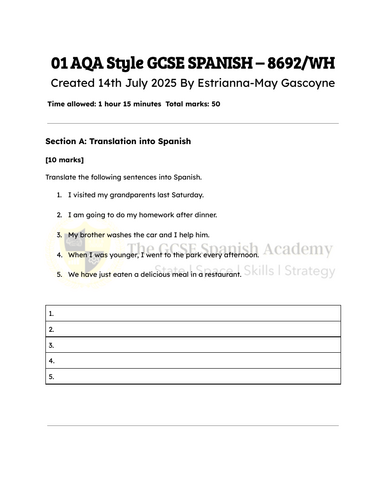 GCSE Spanish Higher Tier Writing Paper – AQA 8692 Style (Full Practice ...