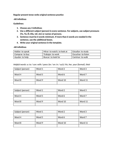 Regular present tense verbs original sentence practice | Teaching Resources