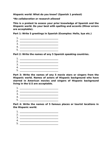 Hispanic world: What do you know? (Spanish 1 pretest) | Teaching Resources