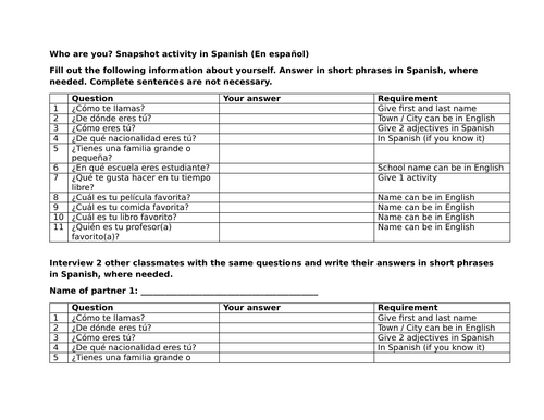 Who are you? Snapshot activity in Spanish (En español) | Teaching Resources