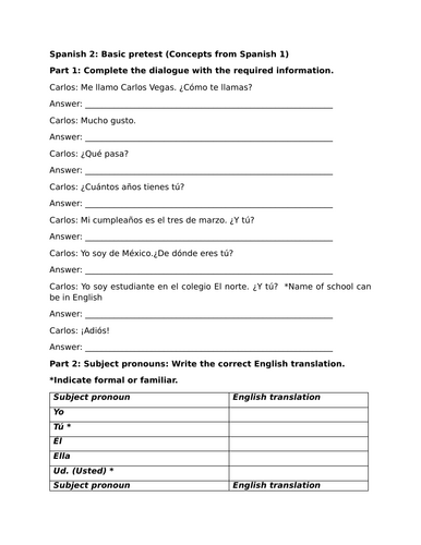 Spanish 2: Basic pretest (Concepts from Spanish 1) | Teaching Resources