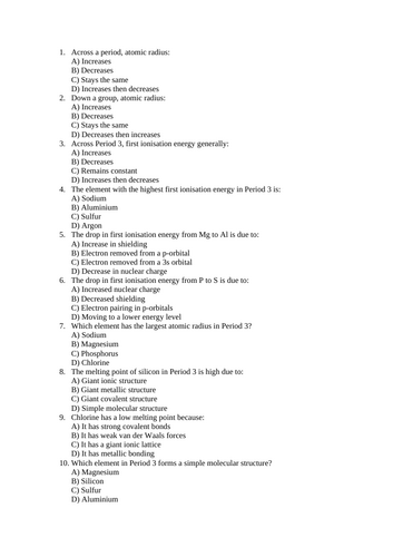 AQA A-Level Chemistry Recall Questions – 3.2.1 Periodicity (Multiple Choice with Answers ...