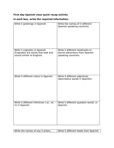 First day Spanish class quick recap activity | Teaching Resources