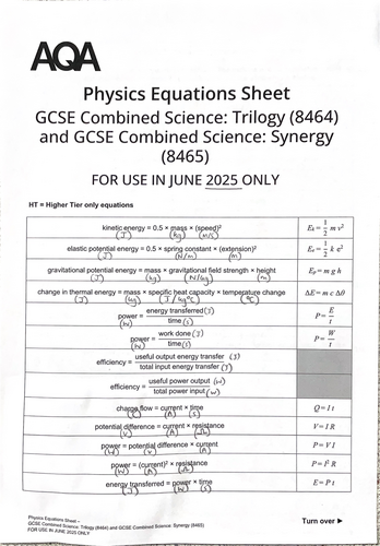 Physics Equation Sheet with units and conversions - AQA | Teaching ...
