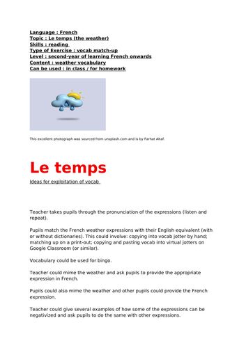 French, le temps (the weather), second year of French upwards ...
