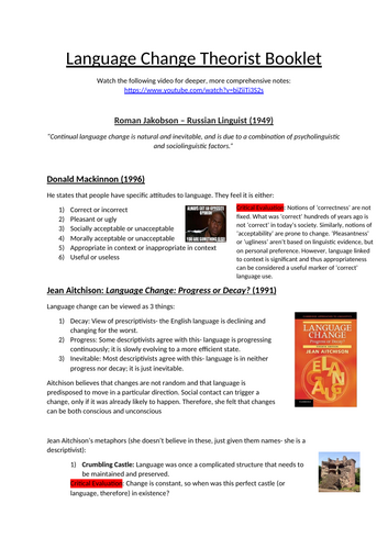 English Language Paper 2 A Level Language Change Theorist Booklet ...