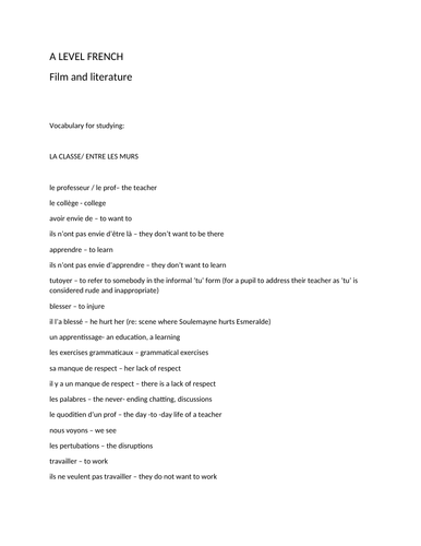 A LEVEL FRENCH TEACHING RESOURCE "Entre Les Murs" | Teaching Resources