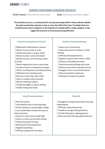 Sensory Processing Screening Checklist | Teaching Resources