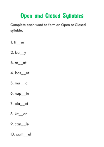 Printable Open and Closed Syllables Worksheet | Teaching Resources
