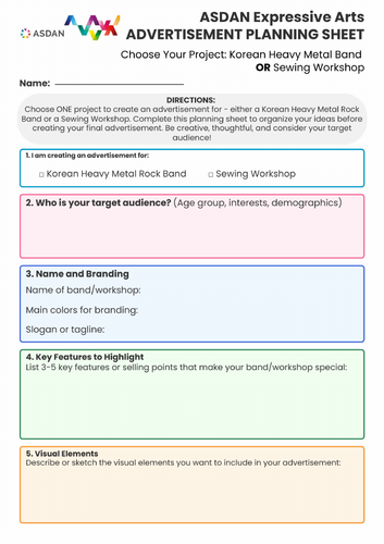 ASDAN Expressive Arts - Experiment - Advertisement Planning Sheet - A9 | Teaching Resources