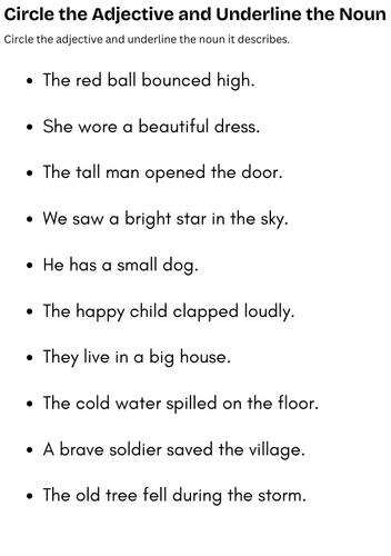 circle the adjective and underline the noun | Teaching Resources