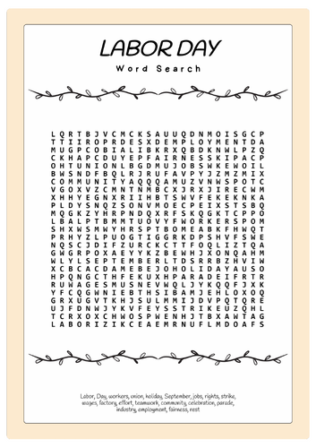 Labor Day Word Search Puzzle Worksheet Activity | Teaching Resources