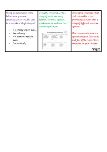 Non-chronological report sentence starters | Teaching Resources