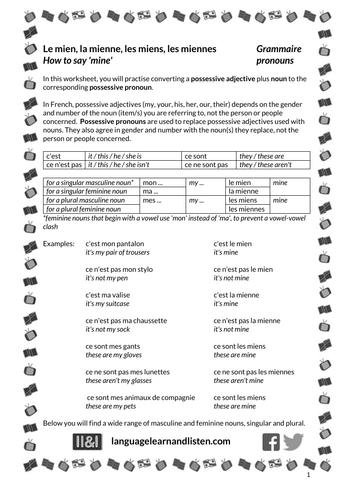 French - possessive pronouns - Le mien, la mien, les miens, les miennes ...