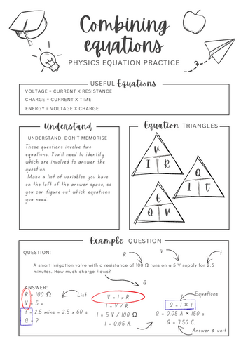 Combining equations V=IR, Q=IT, E=QV - Physics equation worksheet ...
