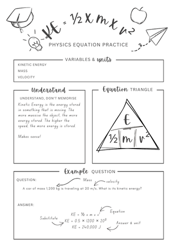 Kinetic energy KE equation - Physics equation worksheet | Teaching ...