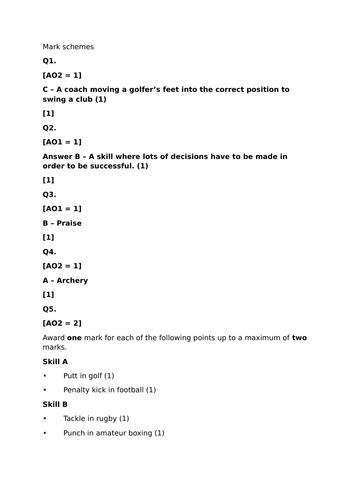 GCSE PE Sports Psychology End of Topic Test | Teaching Resources