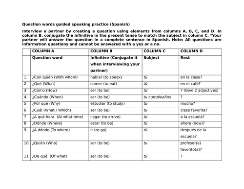Question words guided speaking practice (Spanish) | Teaching Resources