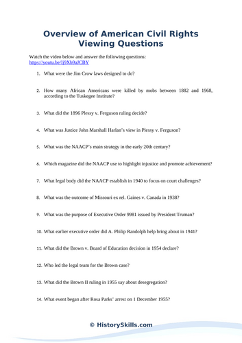 Overview of American Civil Rights Viewing Questions Worksheet ...