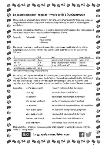 French - Passé composé - regular -ir verb drills 1 (A) | Teaching Resources