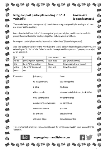 French - Passé composé - Irregular past participles ending in 'u' - 1 ...