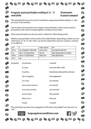 French - Passé composé - Irregular past participles ending in 'u' - 3 ...