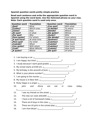 Spanish question words pretty simple practice | Teaching Resources
