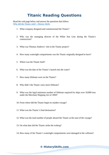 The Sinking of the Titanic Reading Comprehension Worksheet | Teaching ...