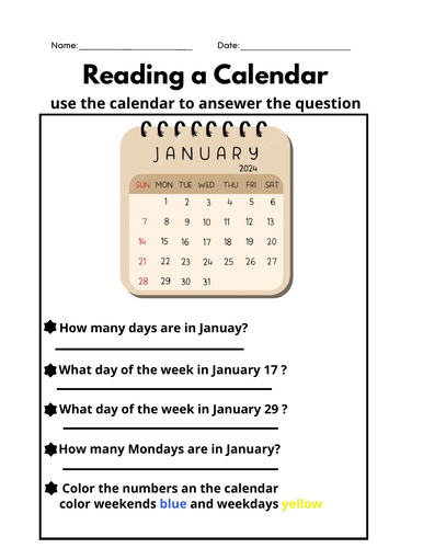 Reading a Calendar Worksheet | Days, Weeks, Months | Teaching Resources