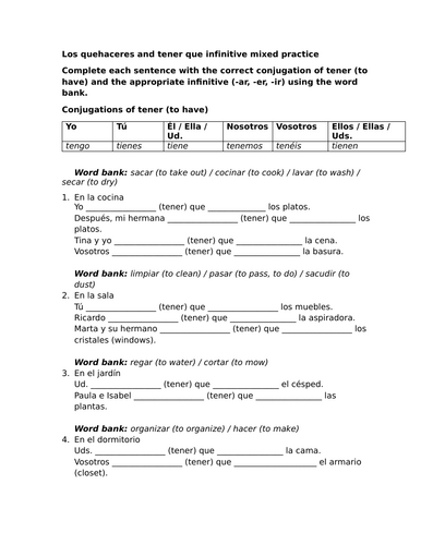 Los quehaceres and tener que infinitive mixed practice | Teaching Resources