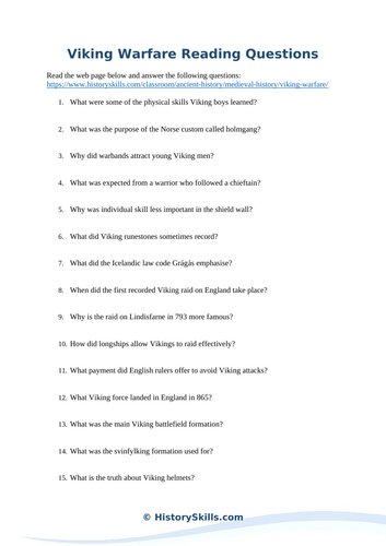 Viking Warfare Reading Comprehension Questions Worksheet | Teaching ...