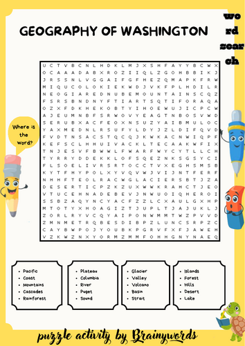 washington Geography Word Search Puzzle + Answer Key | Teaching Resources